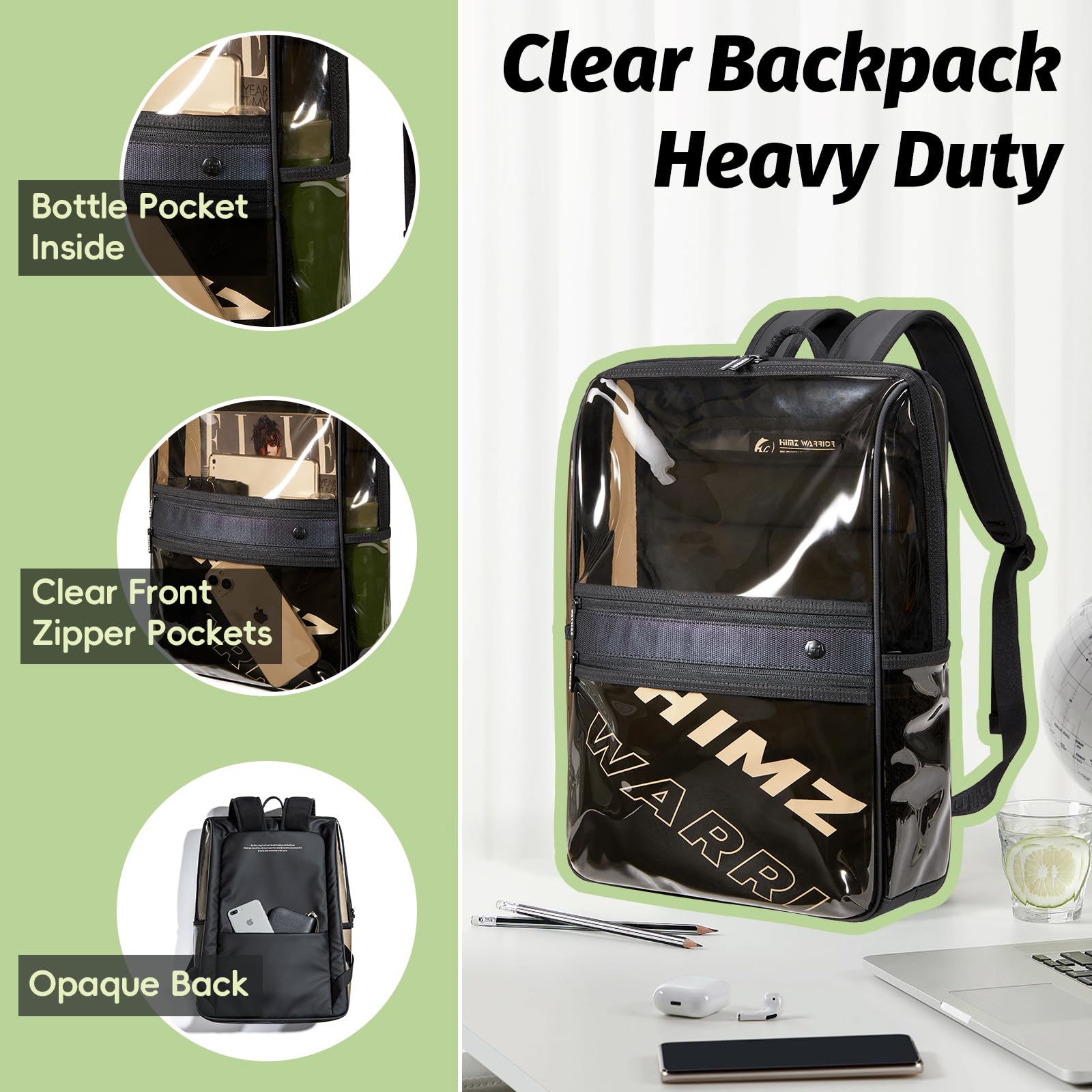 HIMZ WARRIOR Clear Backpack Heavy Duty with Detachable 14” Laptop Bag Sleeve Transparent Back Packs Stadium Tinted PVC Adults Black S (Box Gift)