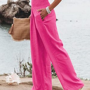 Vansha Women Summer High Waisted Cotton Linen Palazzo Pants Wide Leg Long Lounge Pant Trousers with Pocket Hot Pink M