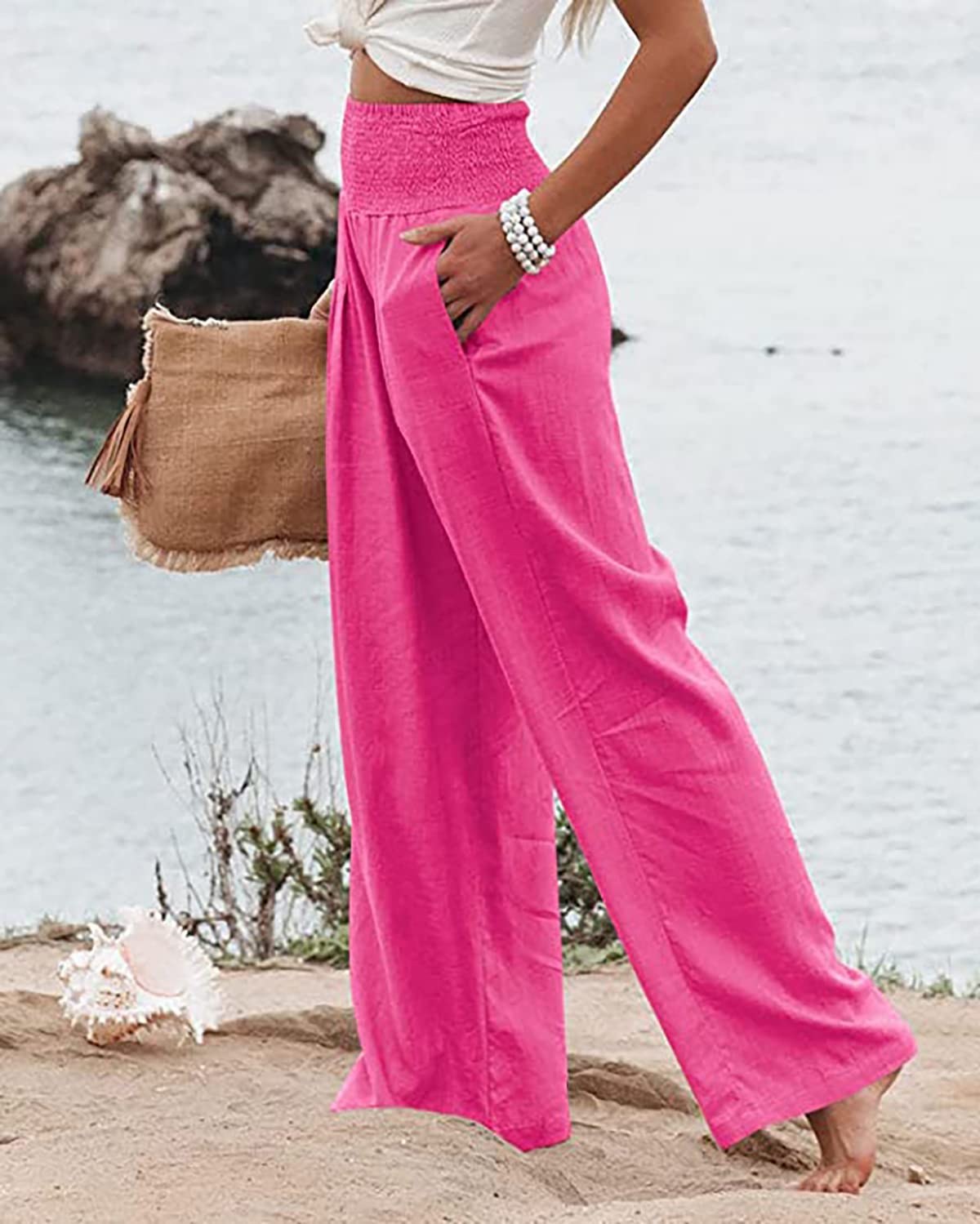 Vansha Women Summer High Waisted Cotton Linen Palazzo Pants Wide Leg Long Lounge Pant Trousers with Pocket Hot Pink M