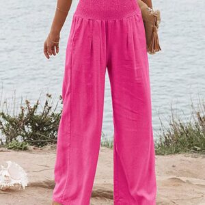 Vansha Women Summer High Waisted Cotton Linen Palazzo Pants Wide Leg Long Lounge Pant Trousers with Pocket Hot Pink M