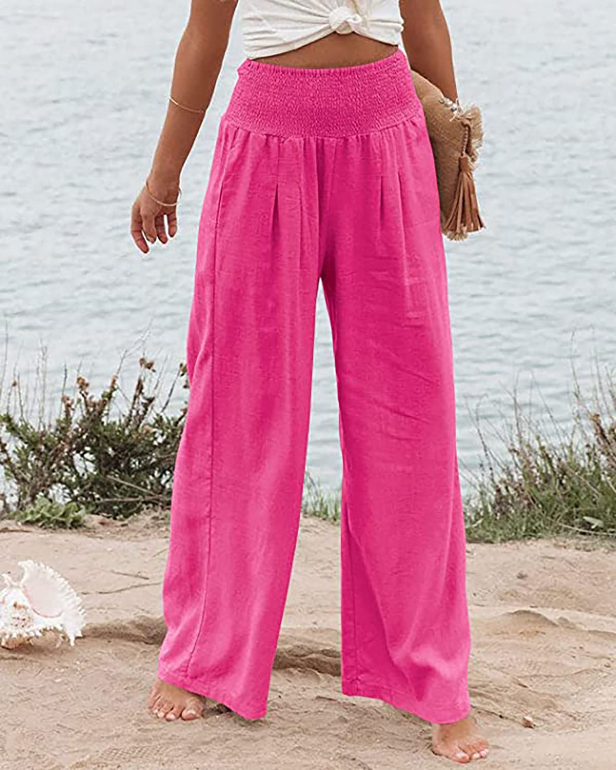 Vansha Women Summer High Waisted Cotton Linen Palazzo Pants Wide Leg Long Lounge Pant Trousers with Pocket Hot Pink M