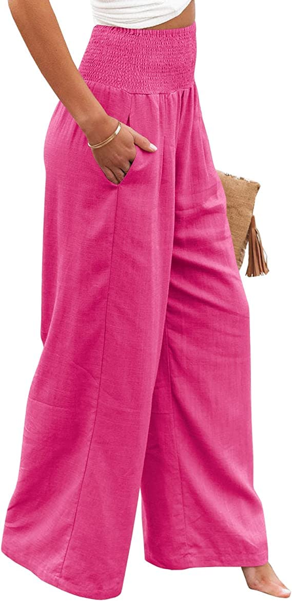 Vansha Women Summer High Waisted Cotton Linen Palazzo Pants Wide Leg Long Lounge Pant Trousers with Pocket Hot Pink M