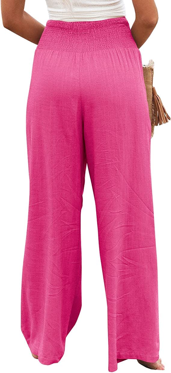 Vansha Women Summer High Waisted Cotton Linen Palazzo Pants Wide Leg Long Lounge Pant Trousers with Pocket Hot Pink M