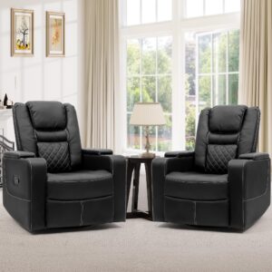 YITAHOME Swivel Glider Rocker Recliner Chair with Cup Holders, Home Theater Seating Soft Leather Reclining Chairs for Movie Room with Hidden Arm Storage(Black)