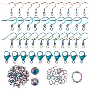 ph pandahall 120pcs rainbow color earring making kit 3 sizes fish hook ear wire with loop 304 stainless steel french earring hooks lobster claw clasps jump rings spacer beads for jewelry making