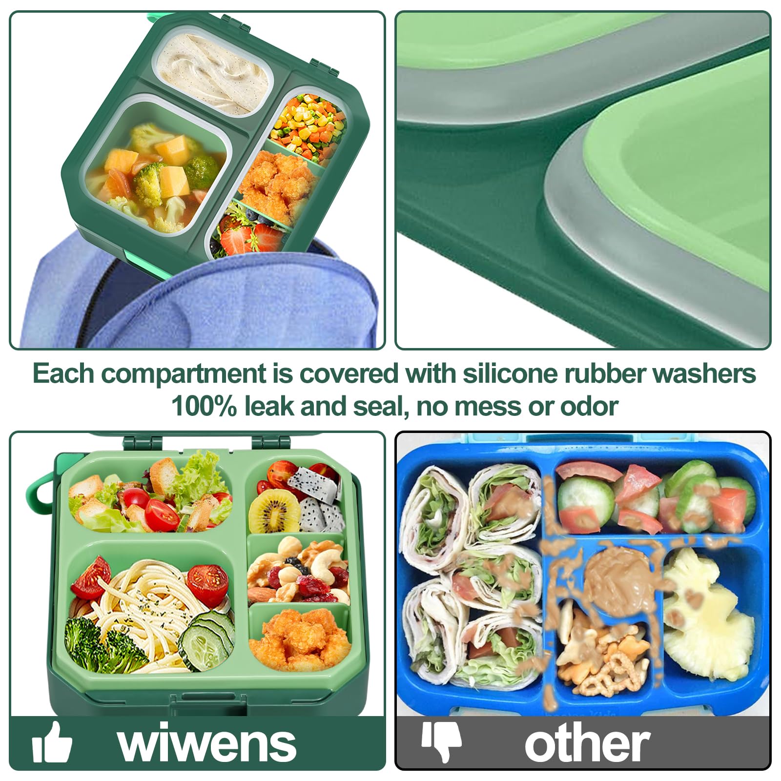 wiwens Bento Lunch Box for Kids, 35oz Leak-Proof 5 Compartment Lunch Container, Food-Safe Materials, Ideal Portion Sizes for Ages 3-12 Girls Boys Toddlers for School