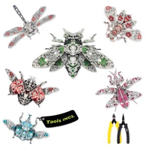 piececool 3d puzzles for adults, 6pcs/lots insect themed brooches metal models building kits, interesting assembling crafts set with tools for beginners, great gifts