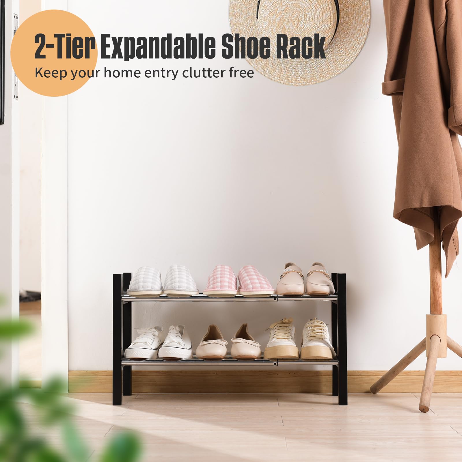 NUDUKO Expandable Shoe Rack Storage Organizer - 2 Tier Adjustable Wood and Metal Shoe Shelf Heavy Duty Small Shoe Rack for Closet Bedroom Entryway (Black)