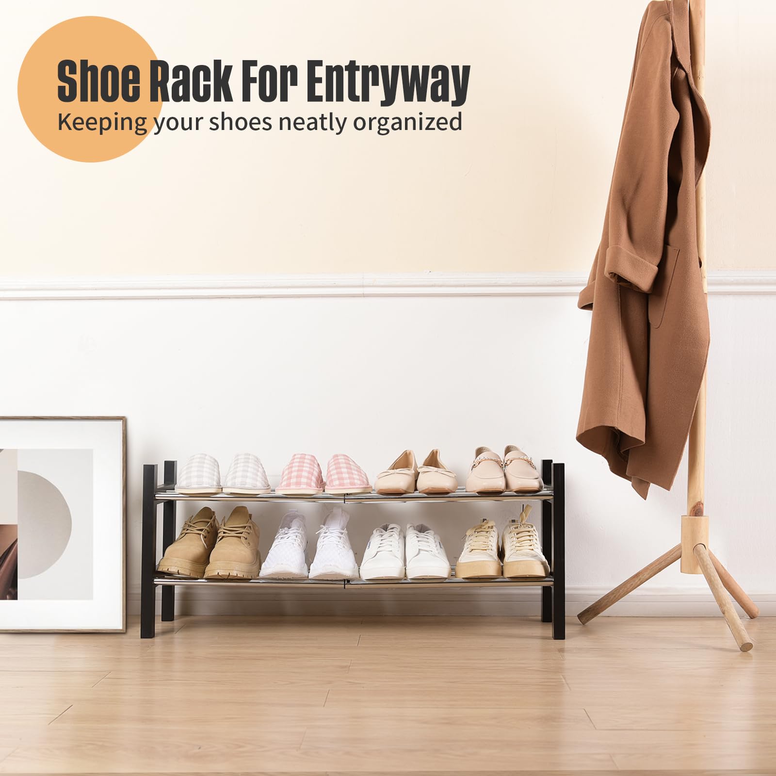 NUDUKO Expandable Shoe Rack Storage Organizer - 2 Tier Adjustable Wood and Metal Shoe Shelf Heavy Duty Small Shoe Rack for Closet Bedroom Entryway (Black)