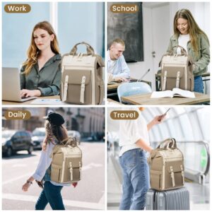 LOVEVOOK Laptop Backpack For Women, Travel Backpack Purse for Women, Nurse Work Bags Teacher Business Laptop Bag, College Backpack, Waterproof Wide Open Computer Back pack, 15.6 Inch, Khaki-Beige