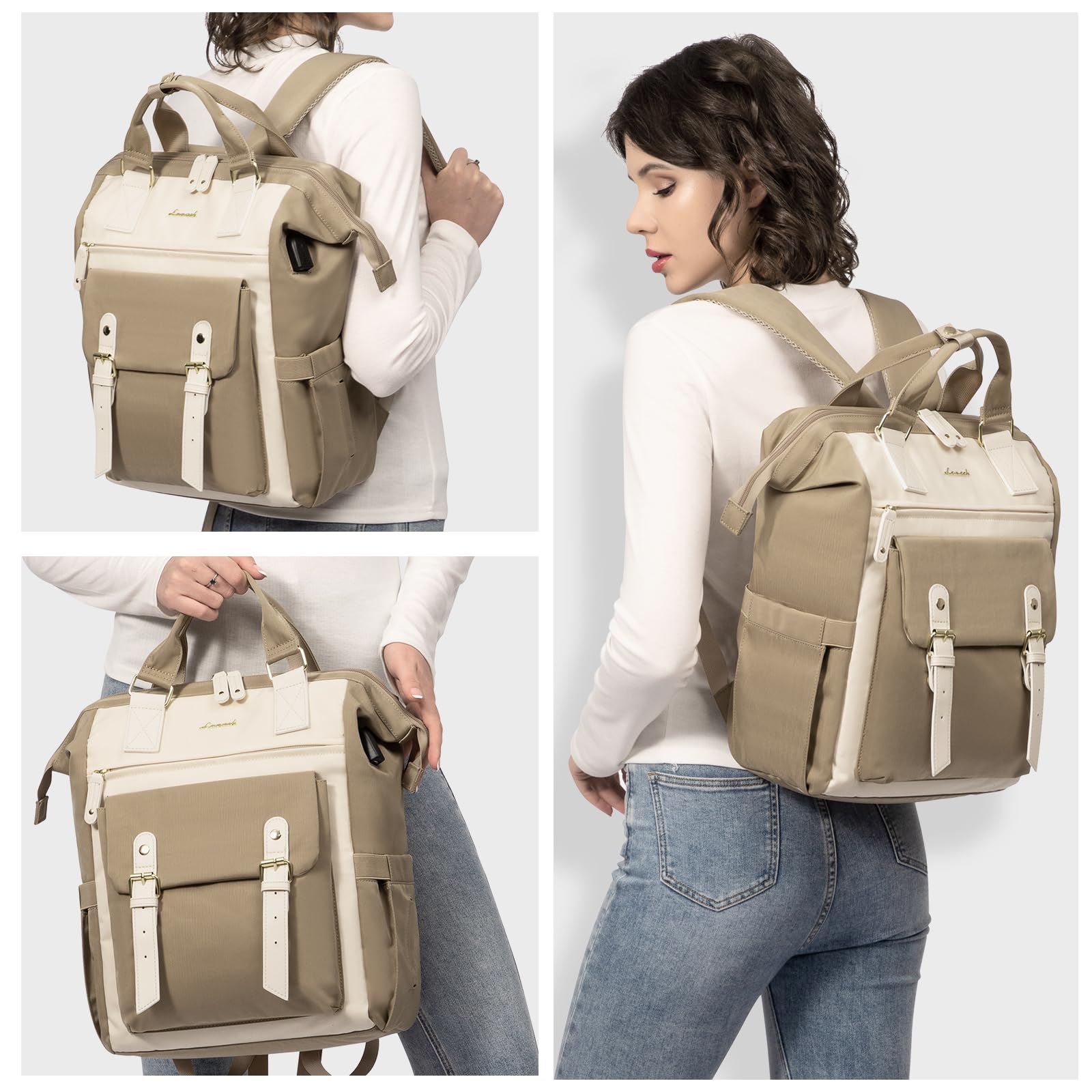 LOVEVOOK Laptop Backpack For Women, Travel Backpack Purse for Women, Nurse Work Bags Teacher Business Laptop Bag, College Backpack, Waterproof Wide Open Computer Back pack, 15.6 Inch, Khaki-Beige