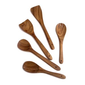 5 piece non-stick acacia wooden cutlery spoon set for cooking, wood kitchen utensils salad spoon fork & turner, ladle & flat spatula set, long handle cookware tools, 12 & 10 inch, natural brown