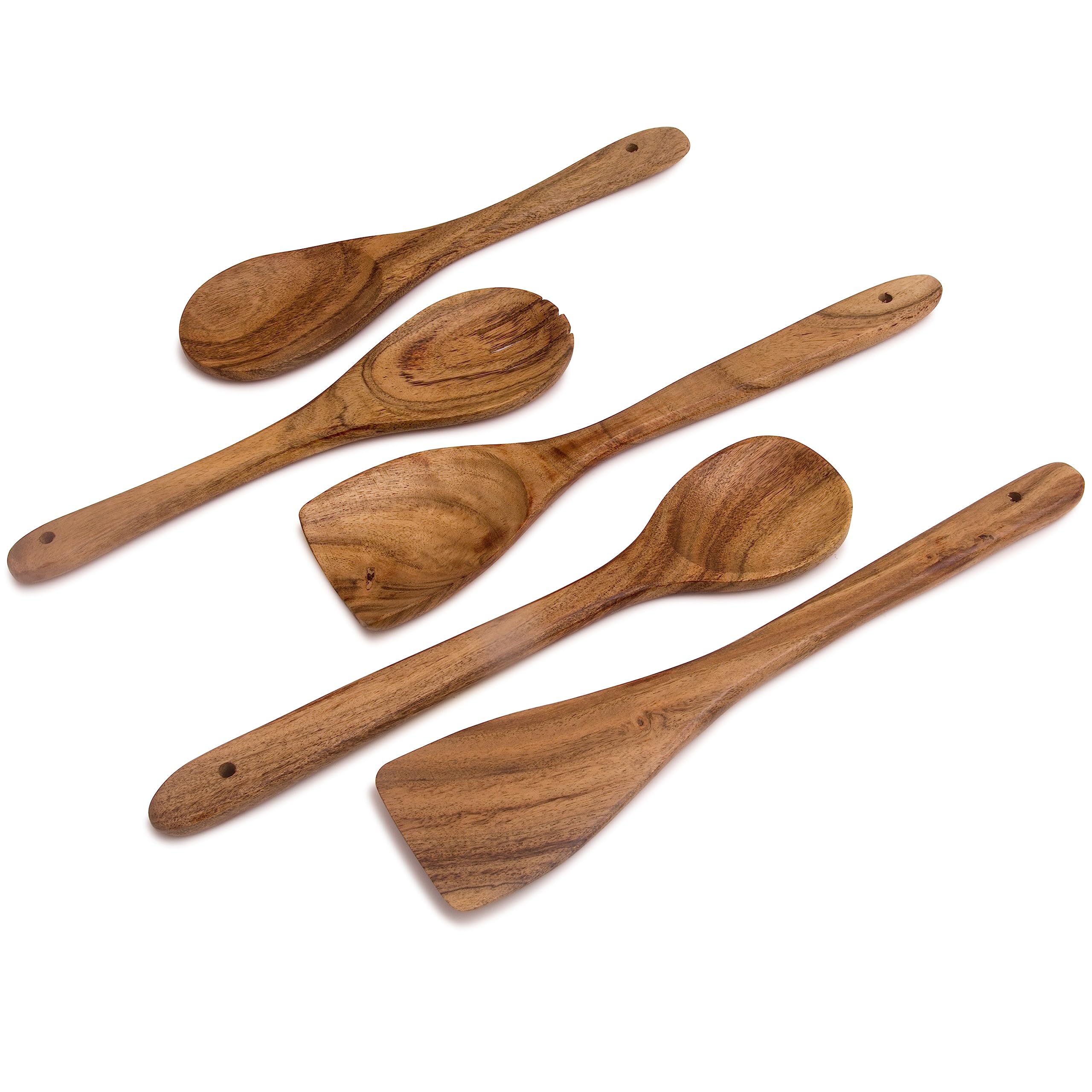 5 Piece Non-Stick Acacia Wooden Cutlery Spoon Set For Cooking, Wood Kitchen Utensils Salad Spoon Fork & Turner, Ladle & Flat Spatula Set, Long Handle Cookware Tools, 12 & 10 Inch, Natural Brown