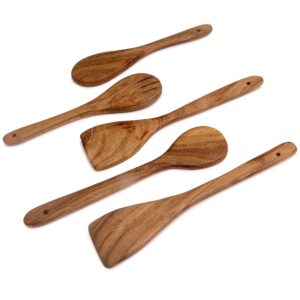 5 Piece Non-Stick Acacia Wooden Cutlery Spoon Set For Cooking, Wood Kitchen Utensils Salad Spoon Fork & Turner, Ladle & Flat Spatula Set, Long Handle Cookware Tools, 12 & 10 Inch, Natural Brown