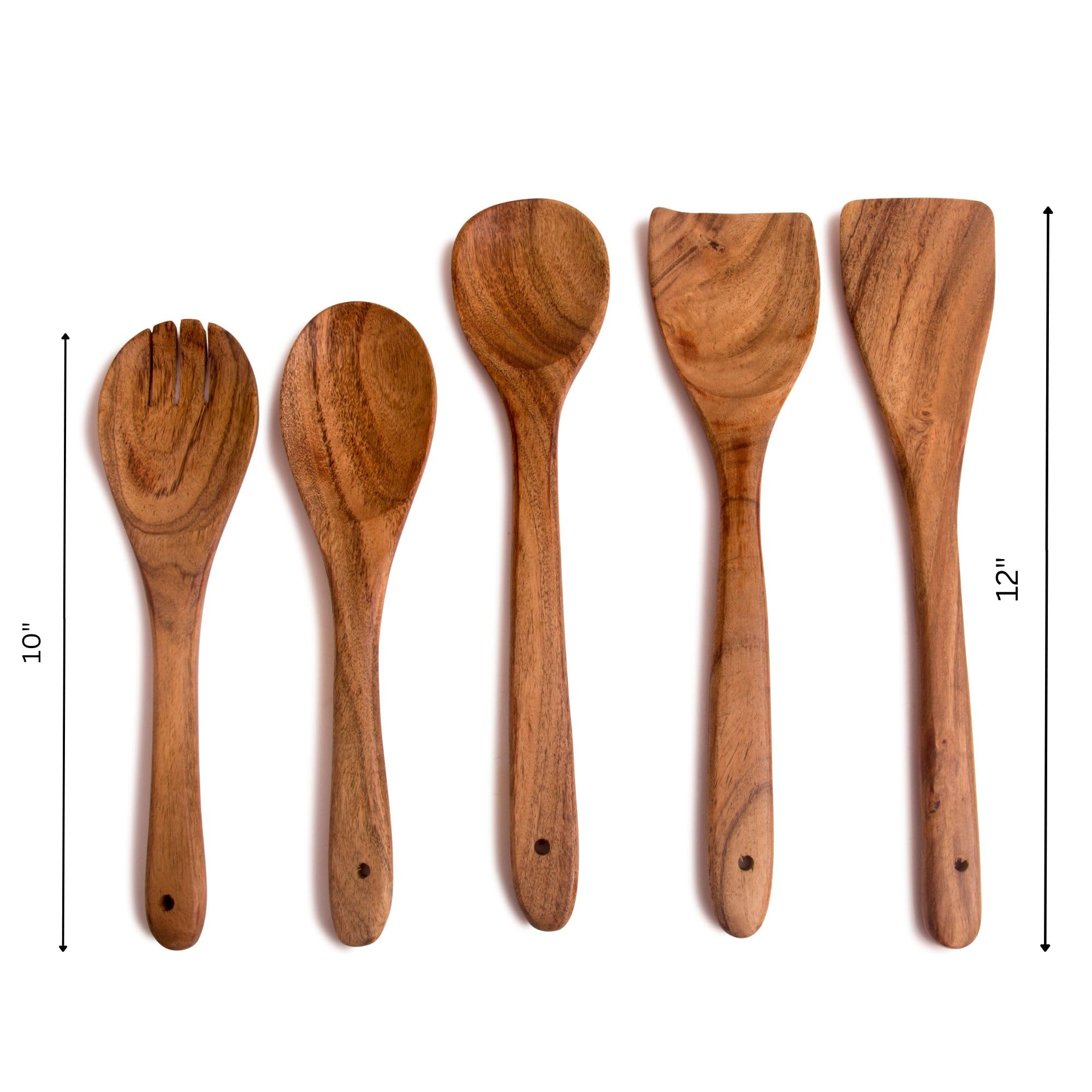 5 Piece Non-Stick Acacia Wooden Cutlery Spoon Set For Cooking, Wood Kitchen Utensils Salad Spoon Fork & Turner, Ladle & Flat Spatula Set, Long Handle Cookware Tools, 12 & 10 Inch, Natural Brown