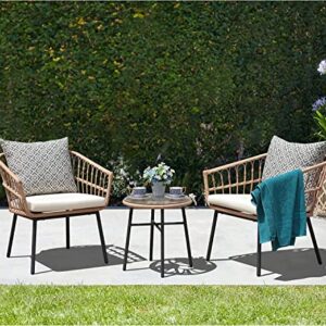 Fangflower Weather Patio Bistro Set, Outdoor Furniture Tempered Coffee Table, and Wicker Chairs for Garden, Balcony, Yard Poolside, White