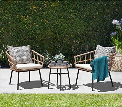 Fangflower Weather Patio Bistro Set, Outdoor Furniture Tempered Coffee Table, and Wicker Chairs for Garden, Balcony, Yard Poolside, White