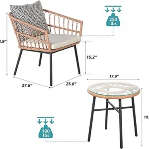 Fangflower Weather Patio Bistro Set, Outdoor Furniture Tempered Coffee Table, and Wicker Chairs for Garden, Balcony, Yard Poolside, White