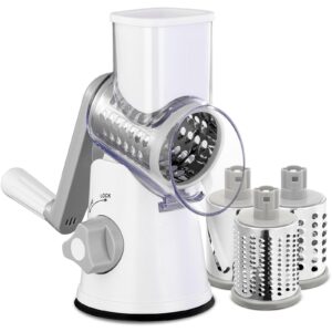 lucgee rotary cheese grater with handle - 3 in 1 cheese shredder rotary grater stainless steel handheld, vegetable slicer for fruit, cheese, nuts(white)