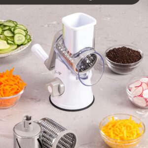 LucGee Rotary Cheese Grater with Handle - 3 in 1 Cheese Shredder Rotary Grater Stainless Steel Handheld, Vegetable Slicer for Fruit, Cheese, Nuts(White)