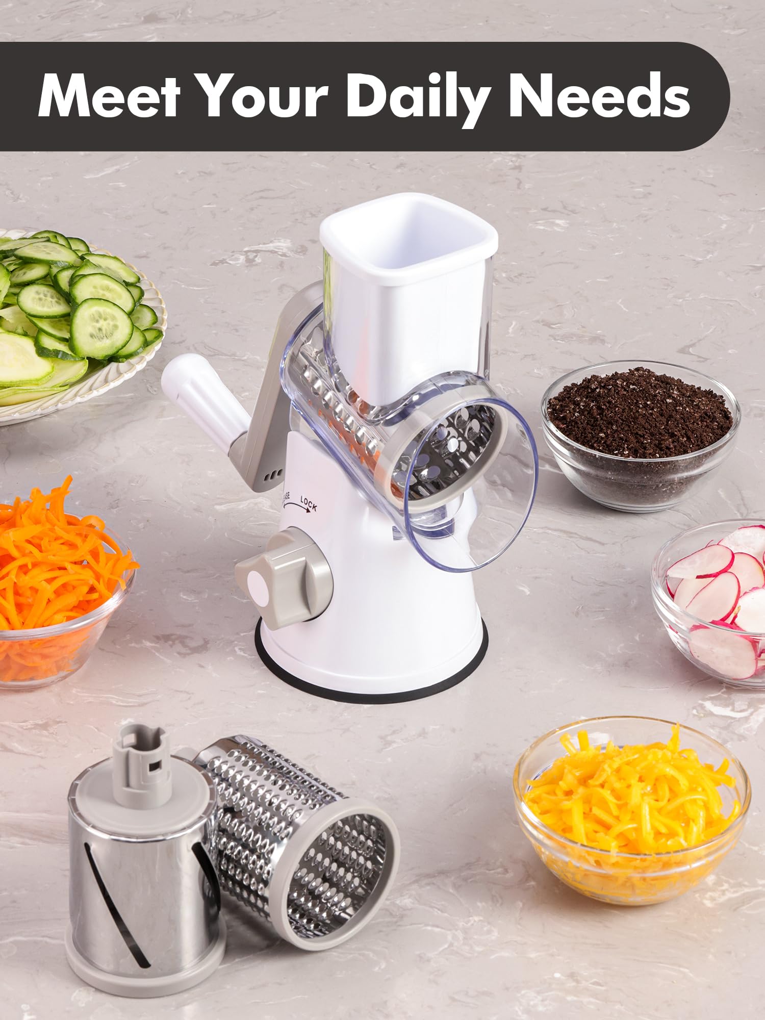 LucGee Rotary Cheese Grater with Handle - 3 in 1 Cheese Shredder Rotary Grater Stainless Steel Handheld, Vegetable Slicer for Fruit, Cheese, Nuts(White)