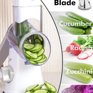 LucGee Rotary Cheese Grater with Handle - 3 in 1 Cheese Shredder Rotary Grater Stainless Steel Handheld, Vegetable Slicer for Fruit, Cheese, Nuts(White)