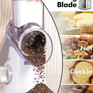 LucGee Rotary Cheese Grater with Handle - 3 in 1 Cheese Shredder Rotary Grater Stainless Steel Handheld, Vegetable Slicer for Fruit, Cheese, Nuts(White)