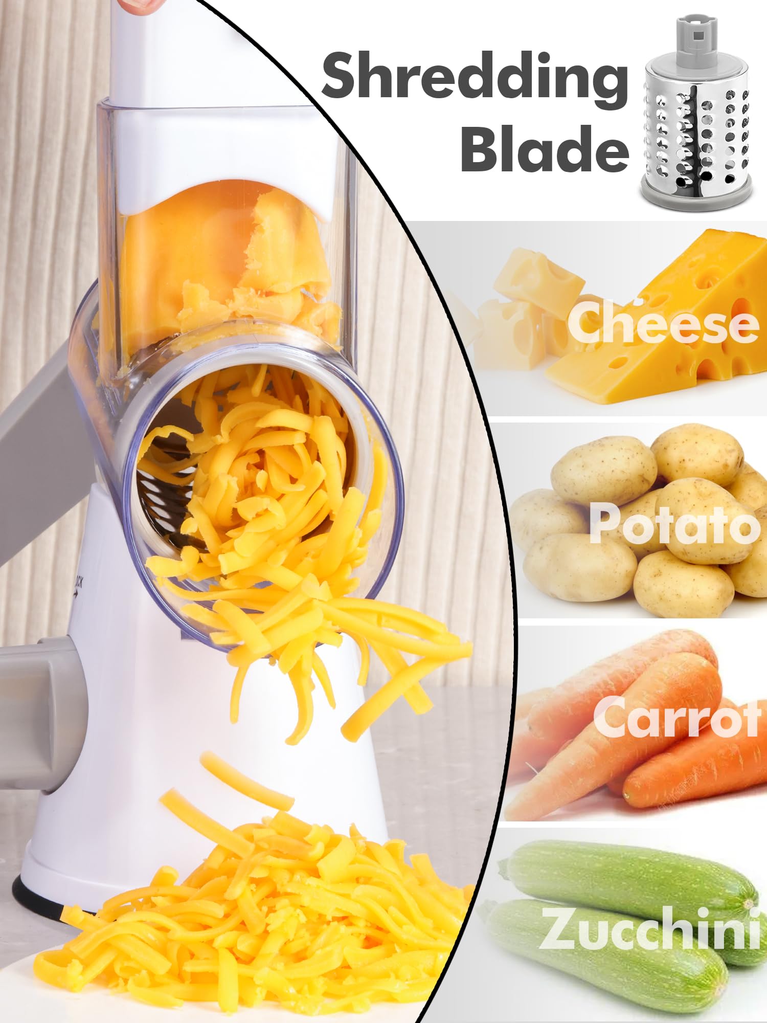 LucGee Rotary Cheese Grater with Handle - 3 in 1 Cheese Shredder Rotary Grater Stainless Steel Handheld, Vegetable Slicer for Fruit, Cheese, Nuts(White)