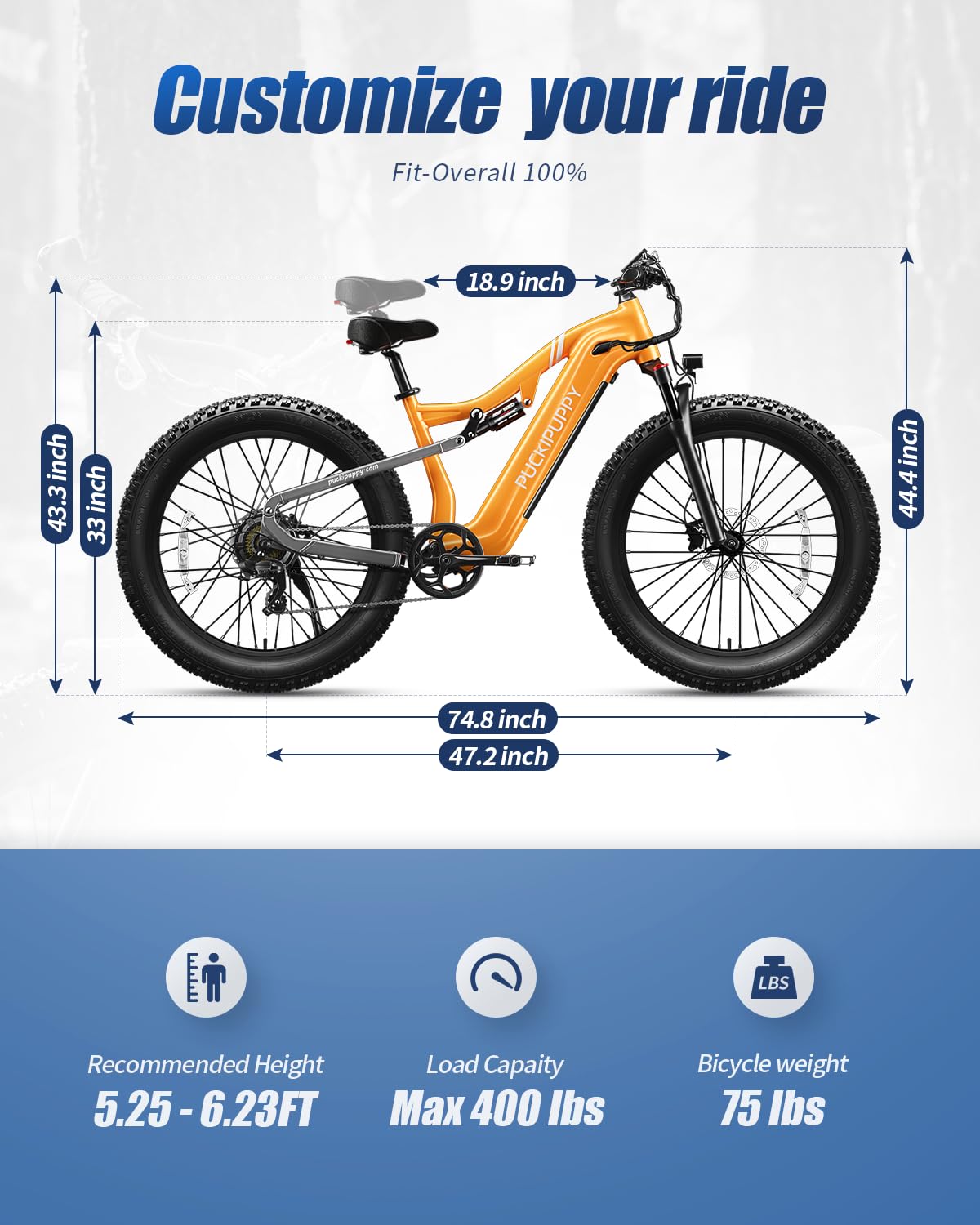 PUCKIPUPPY Electric Bike for Adults 1000W, 48V 20AH Battery Adult Electric Bicycles, 26" Fat Tire Full Suspension Ebike, 28MPH Mountain Beach E Bike, 7 Speed, 80Miles Range, UL Certified