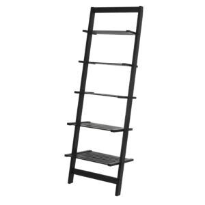 hallops 5 tier black ladder shelf - leaning wooden bookshelf for office, bathroom, and home décor - tall standing wall bookcase - display books, décor, and more with style - 11.5''d x16.25''w x50''h