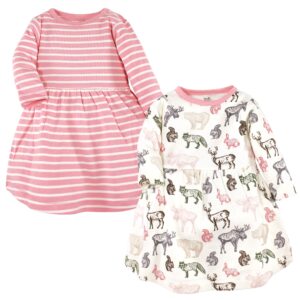 touched by nature girls organic cotton short-sleeve and long-sleeve dresses, woodland, 18-24 months