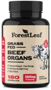 forestleaf beef organ supplement - grass fed & pasture raised - total body wellness & performance, organ complex with 3000mg of desiccated beef liver, heart, kidney, pancreas, spleen (180 capsules)