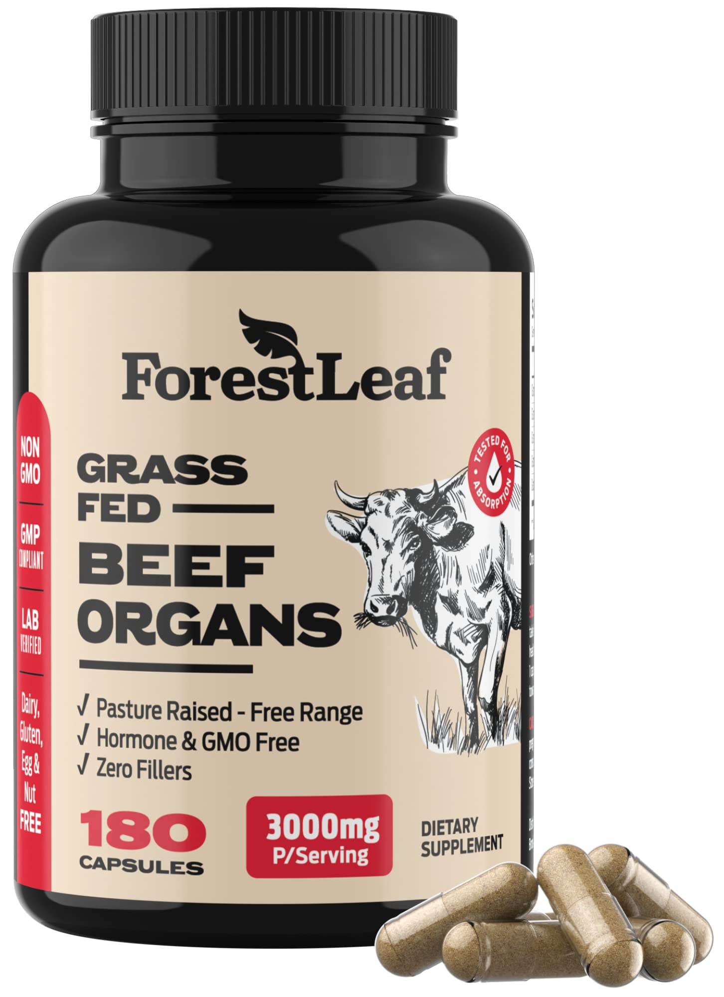 ForestLeaf Beef Organ Supplement - Grass Fed & Pasture Raised - Total Body Wellness & Performance, Organ Complex with 3000mg of Desiccated Beef Liver, Heart, Kidney, Pancreas, Spleen (180 Capsules)