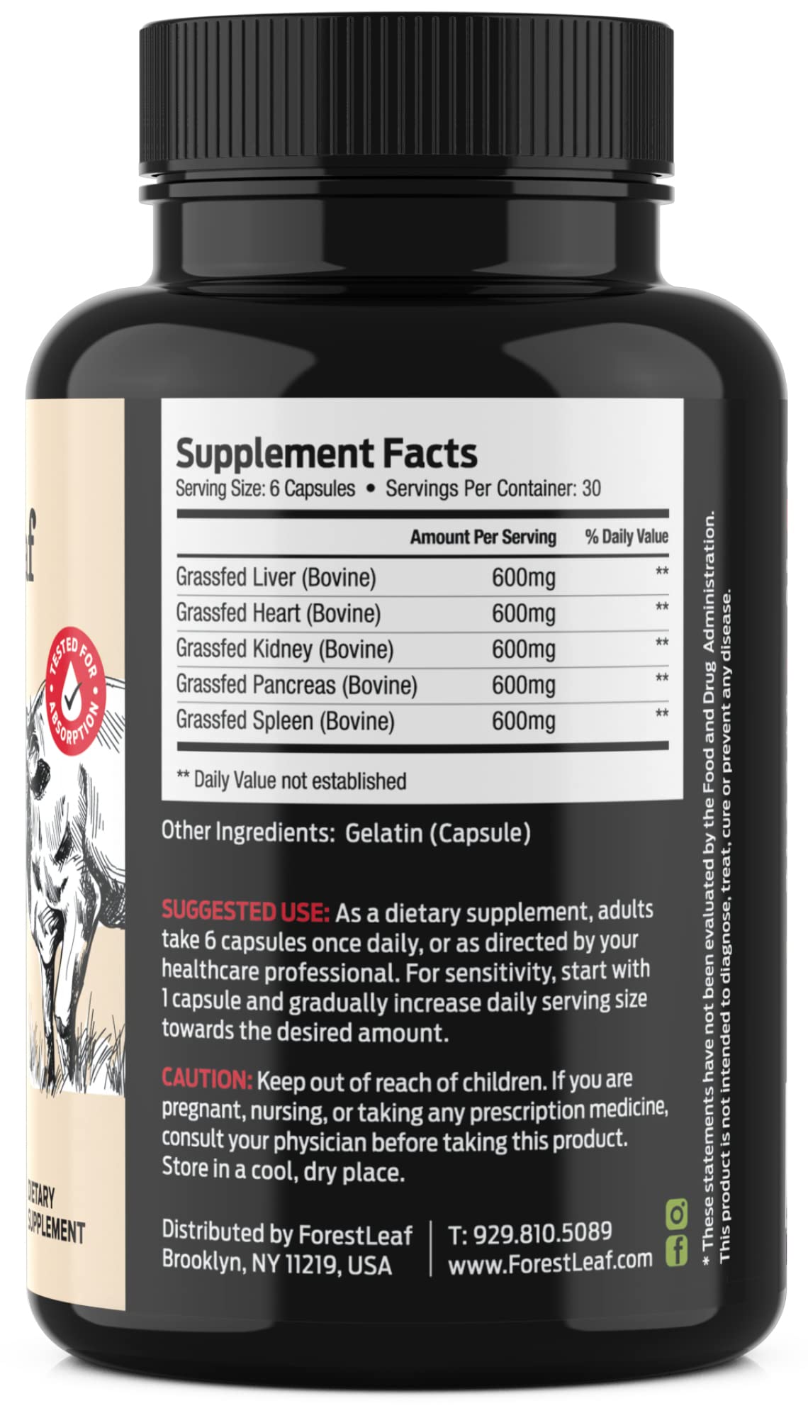 ForestLeaf Beef Organ Supplement - Grass Fed & Pasture Raised - Total Body Wellness & Performance, Organ Complex with 3000mg of Desiccated Beef Liver, Heart, Kidney, Pancreas, Spleen (180 Capsules)