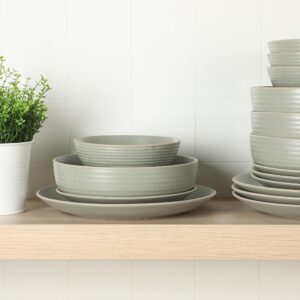 Gibson Home Dinah Double Bowl Stoneware Embossed Speckled Dinnerware Set - Sage Green, Service for Four (16pcs)