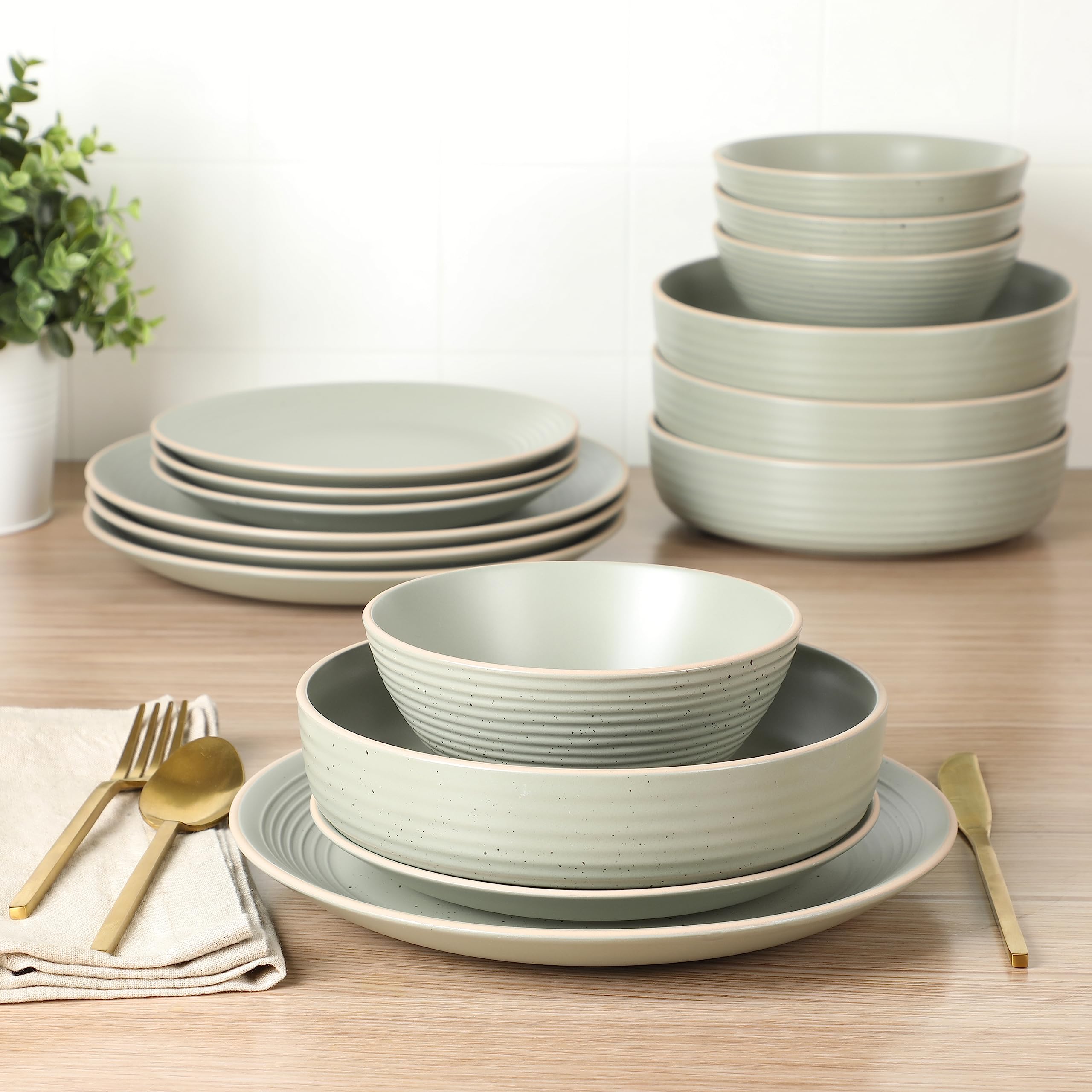 Gibson Home Dinah Double Bowl Stoneware Embossed Speckled Dinnerware Set - Sage Green, Service for Four (16pcs)