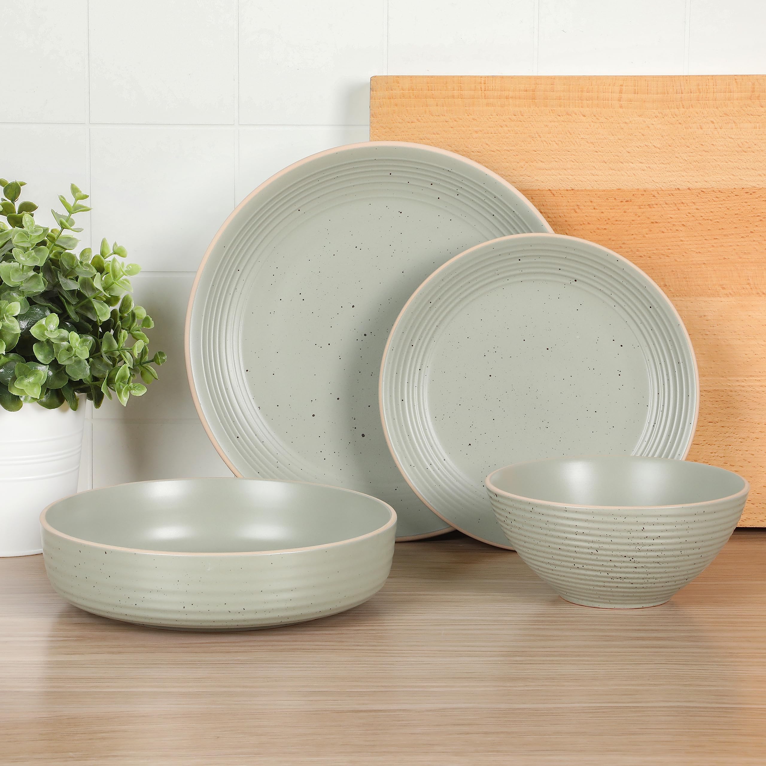 Gibson Home Dinah Double Bowl Stoneware Embossed Speckled Dinnerware Set - Sage Green, Service for Four (16pcs)