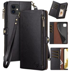 xcasebar for iphone 12/12 pro 6.1" wallet case with zipper credit card holder【rfid blocking】, flip folio book pu leather phone case shockproof cover women men for apple 12 case black