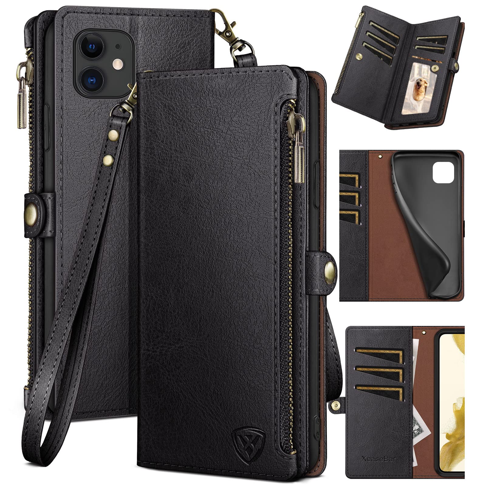 XcaseBar for iPhone 12/12 Pro 6.1" Wallet case with Zipper Credit Card Holder【RFID Blocking】, Flip Folio Book PU Leather Phone case Shockproof Cover Women Men for Apple 12 case Black