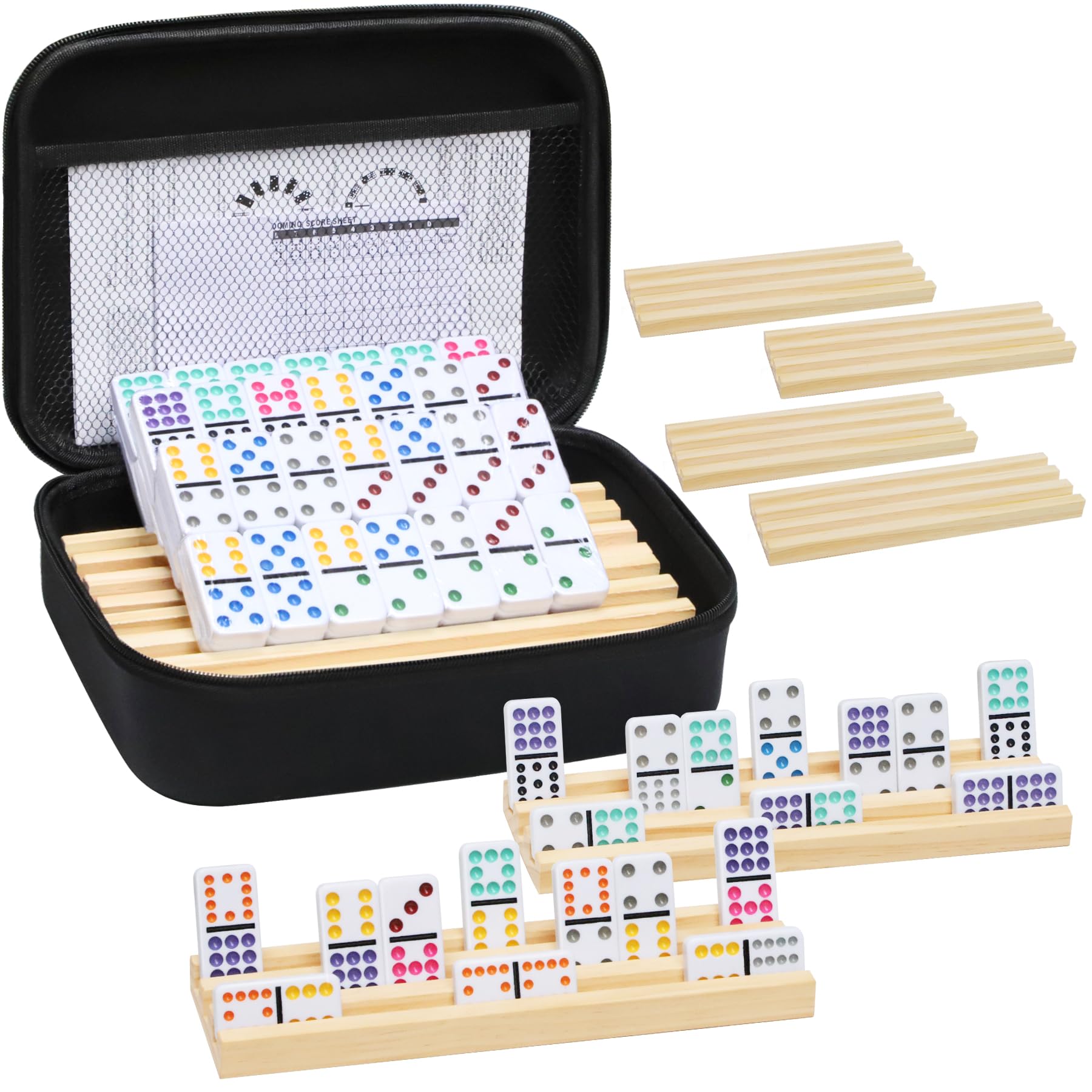 Mexican Train Dominoes Set with 8 Wooden Trays/Racks, Double 12 Dominos Travel Set with 8 Domino Tiles Holders, 91 Tiles Double 12 Colored Dominoes Game Set with Portable Case for Families Kids