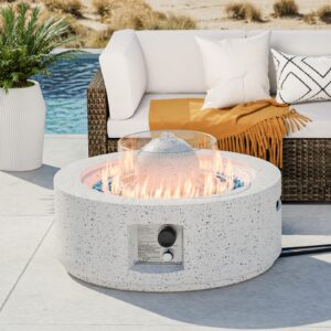 cosiest outdoor propane fountain fire pit table, 29.3-inch 50,000 btu firepit round terrazzo white patio heater, stainless steel burner, blue fire glass, rain cover