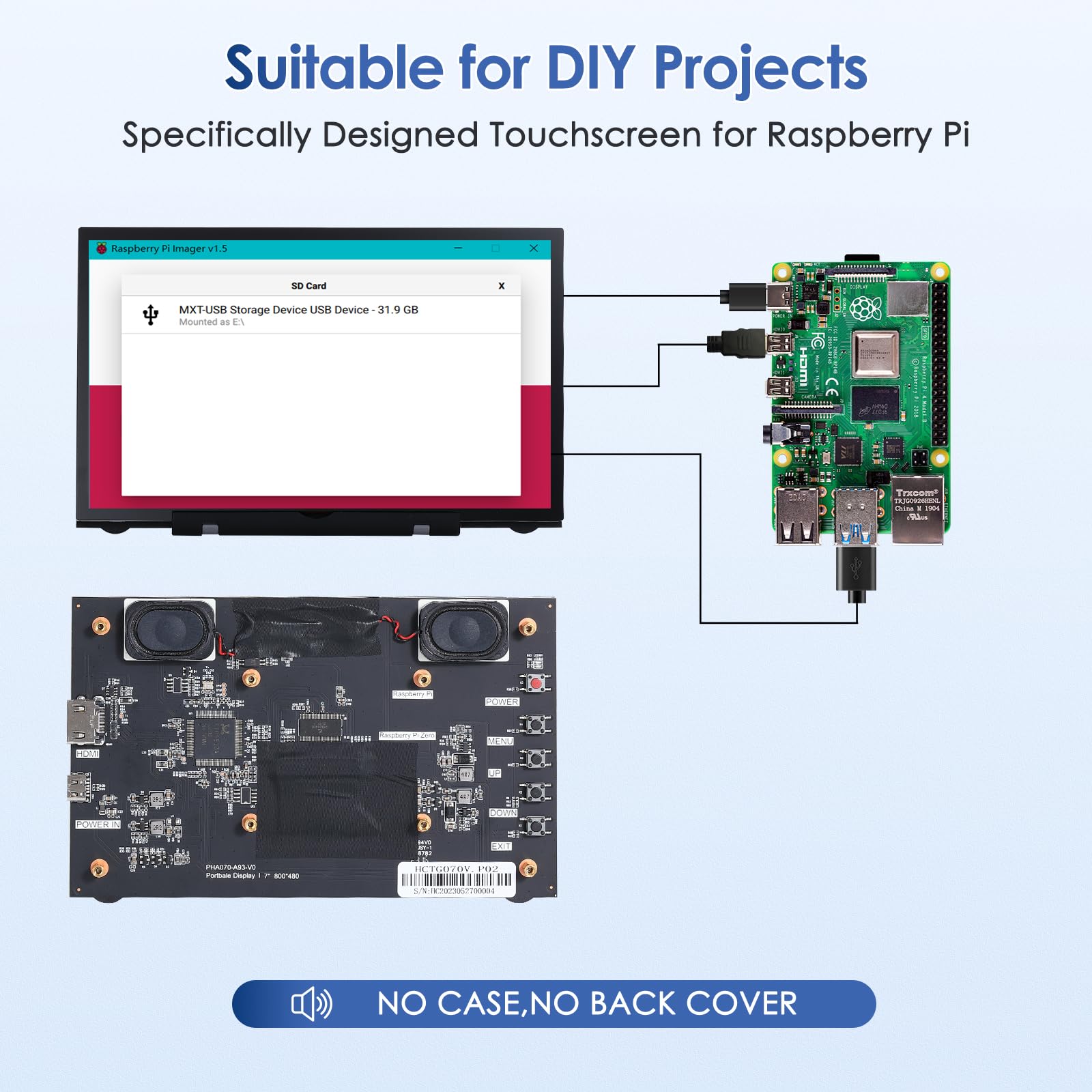 HMTECH 7'' Raspberry Pi Screen, 800x480 HDMI Small Monitor with Dual-Speaker, LCD Screen Display for Raspberry Pi 4/3/2/Zero/B/B+ Win11/10/8/7 (Non-Touch)