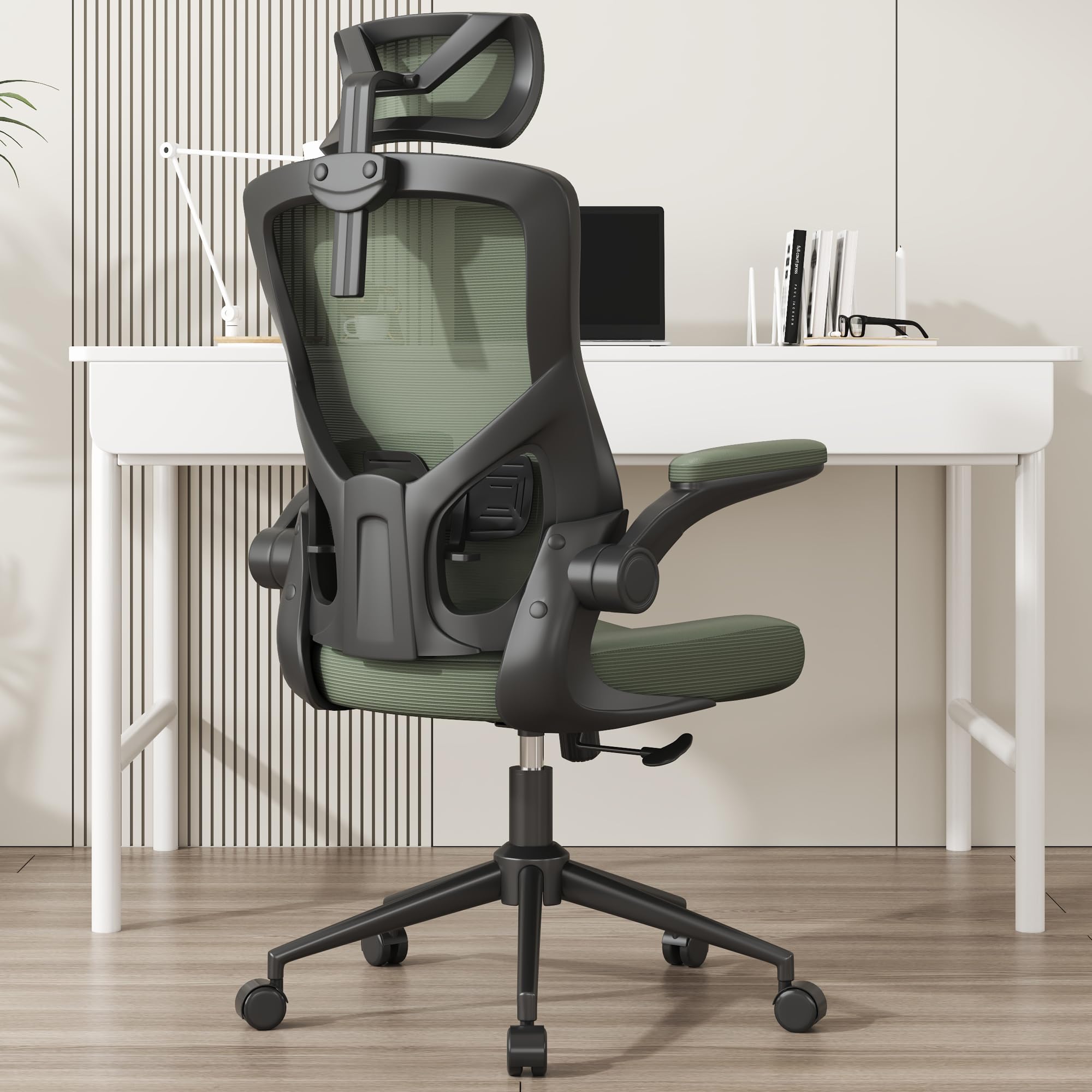 𝑯𝑶𝑴𝑬 𝑶𝑭𝑭𝑰𝑪𝑬 𝑪𝑯𝑨𝑰𝑹, Ergonomic Mesh Desk Chair, High Back Computer Chair- Adjustable Headrest with Flip-Up Arms, Lumbar Support, Swivel Executive Task Chair (Hunter Green, Modern)