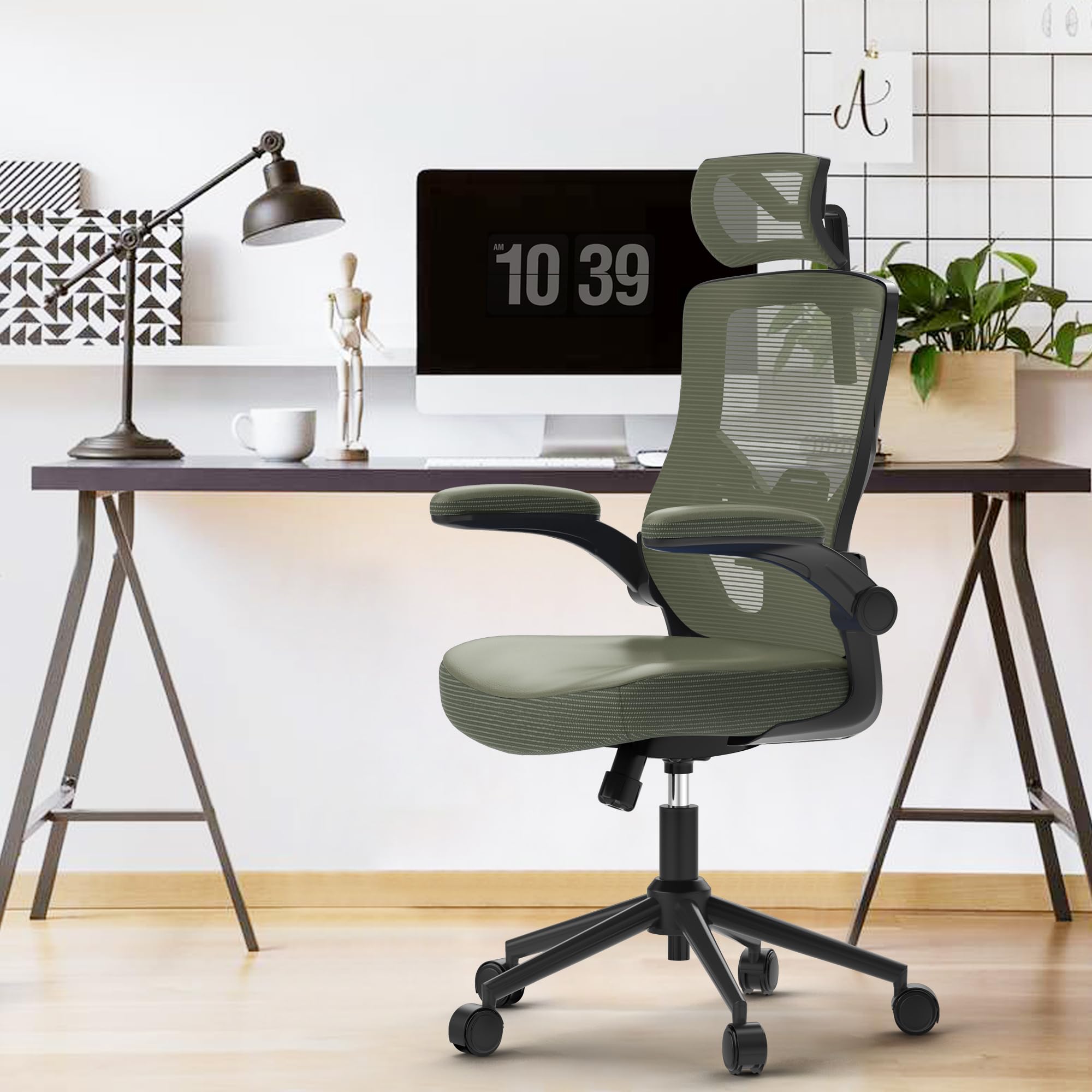 𝑯𝑶𝑴𝑬 𝑶𝑭𝑭𝑰𝑪𝑬 𝑪𝑯𝑨𝑰𝑹, Ergonomic Mesh Desk Chair, High Back Computer Chair- Adjustable Headrest with Flip-Up Arms, Lumbar Support, Swivel Executive Task Chair (Hunter Green, Modern)