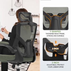 𝑯𝑶𝑴𝑬 𝑶𝑭𝑭𝑰𝑪𝑬 𝑪𝑯𝑨𝑰𝑹, Ergonomic Mesh Desk Chair, High Back Computer Chair- Adjustable Headrest with Flip-Up Arms, Lumbar Support, Swivel Executive Task Chair (Hunter Green, Modern)