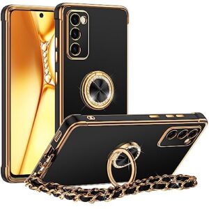 miss arts for samsung galaxy s20 fe 5g case, ring holder stand luxury bling electroplated phone case with strap, cute soft tpu for galaxy s20 fe 5g cover for women girls, black