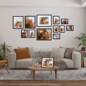 EYMPEU 8x10 Picture Frames with Mat Black Wood Set of 15, Display 8 by 10 Photos with Mat or 9x11 Photos without Mat, Multi Matted Frames Bulk for Wall, Table Top