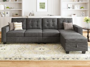 honbay convertible sectional sofa l shaped couch with storage ottoman 4 seat sectional sofa with reversible chaise, dark grey