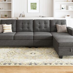 HONBAY Convertible Sectional Sofa L Shaped Couch with Storage Ottoman 4 Seat Sectional Sofa with Reversible Chaise, Dark Grey