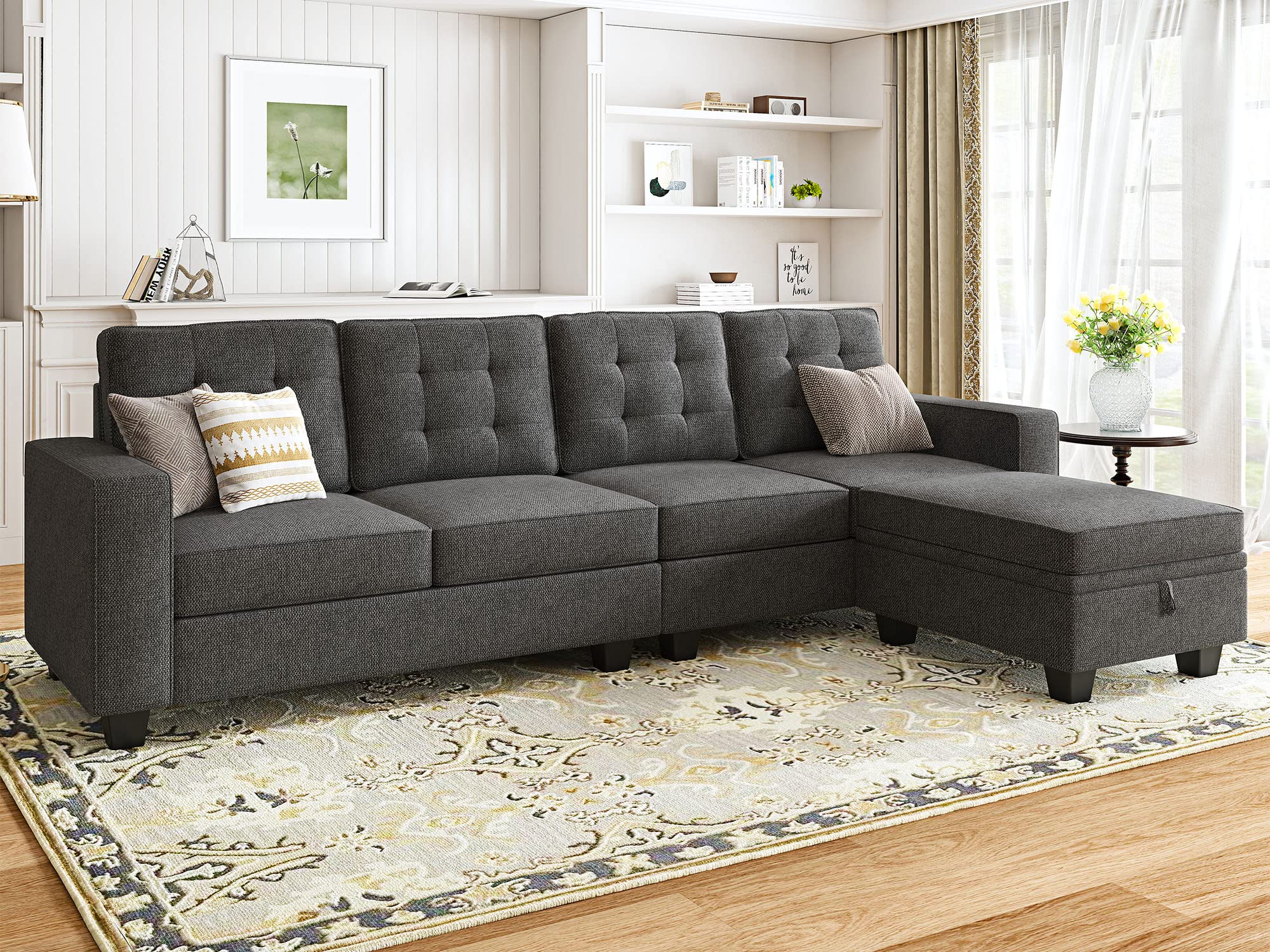 HONBAY Convertible Sectional Sofa L Shaped Couch with Storage Ottoman 4 Seat Sectional Sofa with Reversible Chaise, Dark Grey